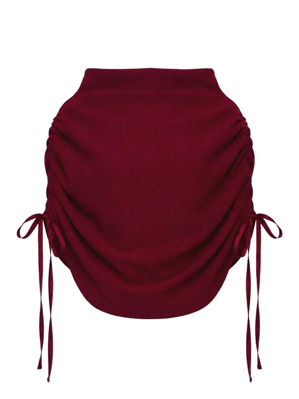 FLAUNT ARCHIVE Margaux Ribbed Knit Top With Draped Cape Sleeves And Adjustable Ruching - Red