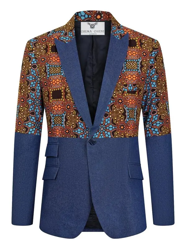 OHEMA OHENE Denim & African Print Lapel Blazer - Blue
