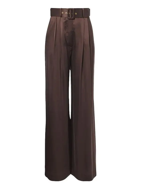 Zimmermann Belted Pleated Silk Satin Wide-leg Trousers - Brown
