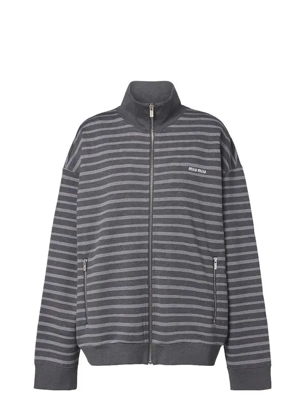 Miu Miu Striped Cotton Zip-up Sweatshirt - Grey
