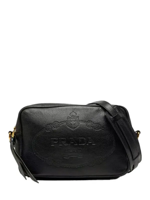 Prada 2013-2026 Glace Calfskin Embossed Logo Camera Bag Crossbody Bag - Black