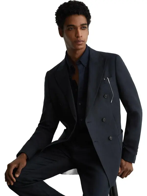 REISS Tailored Fit Linen Double-breasted Suit Blazer - Navy