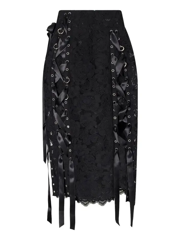 Simone Rocha Unraveling Ribbon Ring Asymmetric Embellished Lace And Satin Midi Skirt - Black