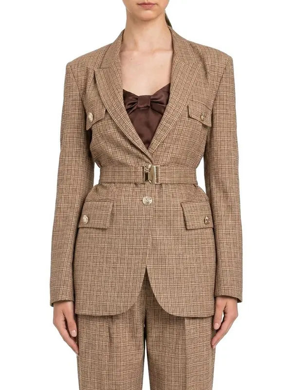TWINSET Single-breasted Tartan Blazer With Belt - Brown