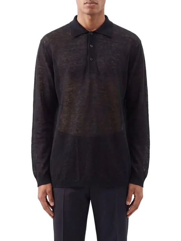 Y’s Sheer Long-sleeved Knit Polo Shirt In A Linen Blend - Black