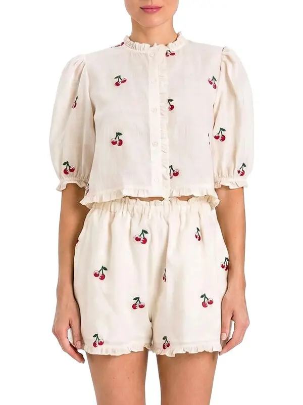 TWINSET Ramie Cropped Shirt With Embroidery - Cherry