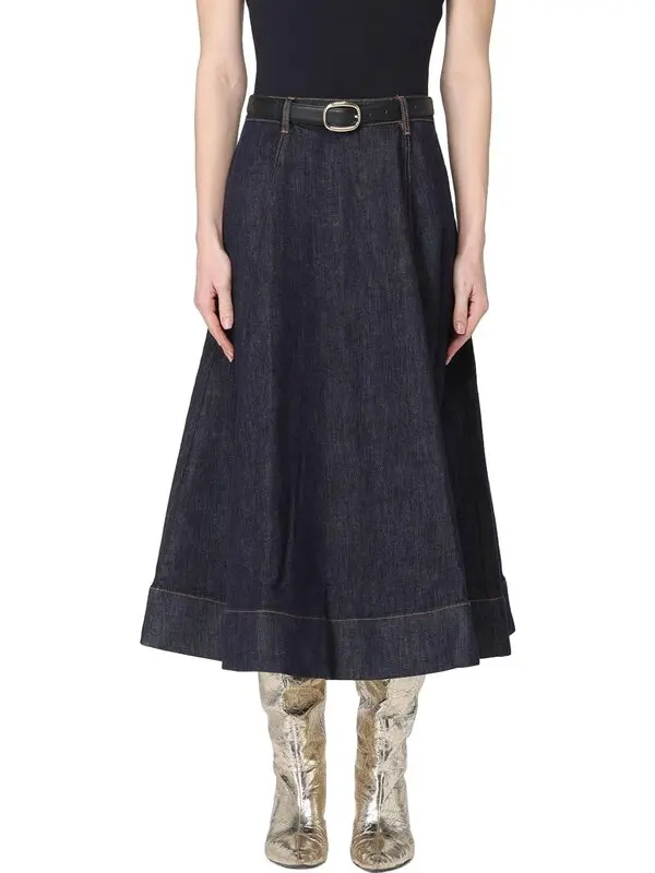 SELF-PORTRAIT Denim Belted Midi Skirt - Blue