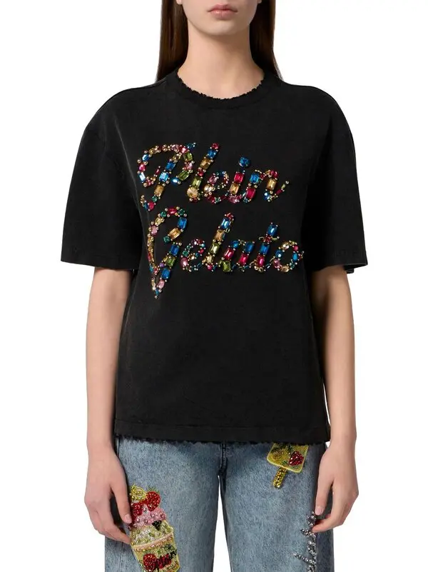Philipp Plein Relaxed Fit Cotton T-shirt With Rhinestone Logo And Fringed Hem - Black