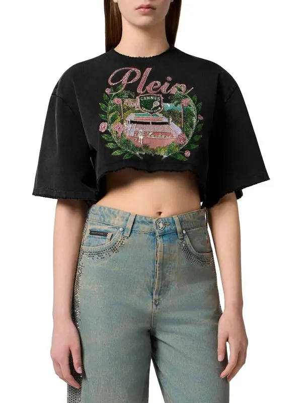 Philipp Plein Cropped Cotton T-shirt With Jacquard Logo And Fringed Hem - Black