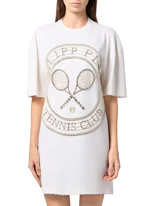 Philipp Plein Tennis Club Cotton Sheath Mini Dress With Rhinestone Logo - White