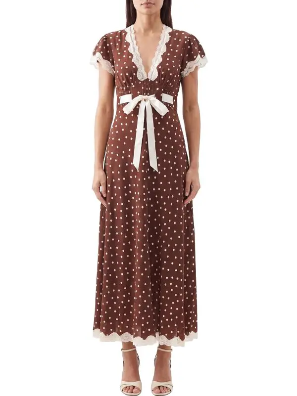 Rixo Marlice Polka-dot Silk Midi Dress With Lace Inserts - Brown