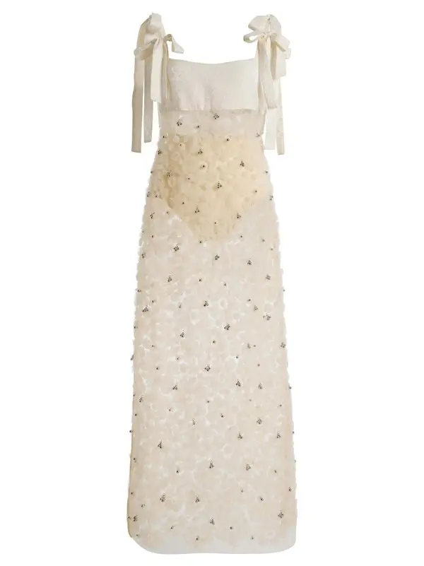 SIEDRES Siedrès Tallula Floral-appliquéd Tulle Midi Dress - White