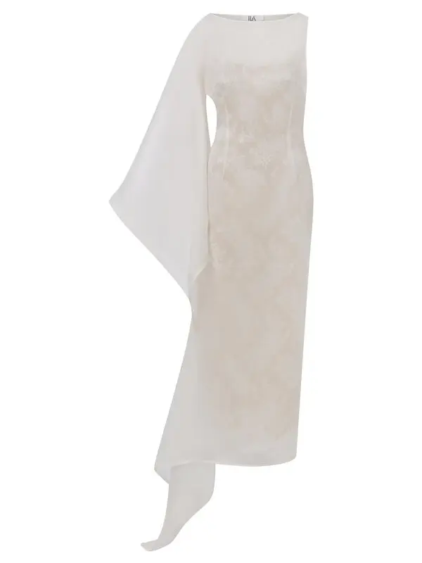 Ila Silk Organza Midi Dress With Sheer Cape Detail - White