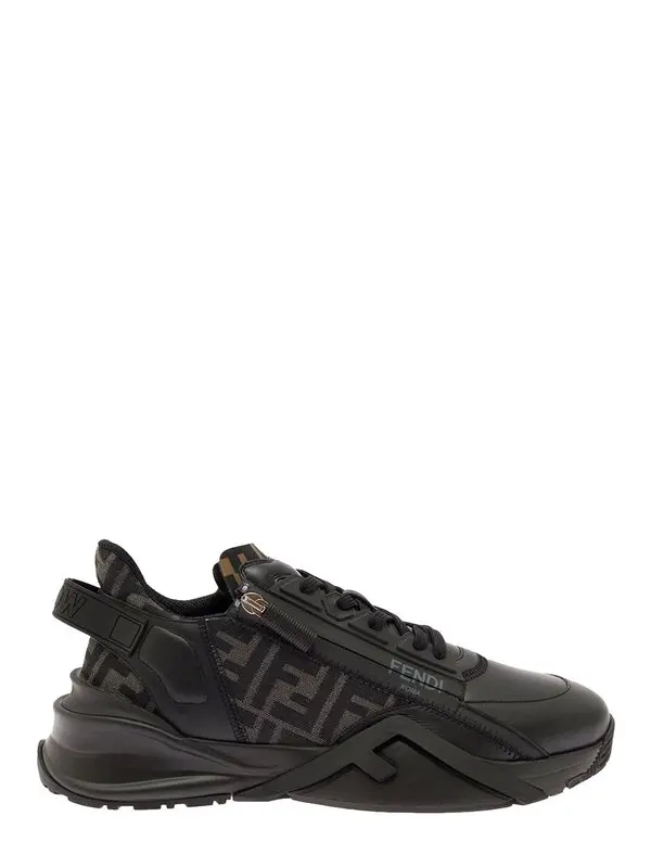 Fendi Flow Low-top Leather And Fabric Sneakers With Ff Monogram And Side Zip - Black