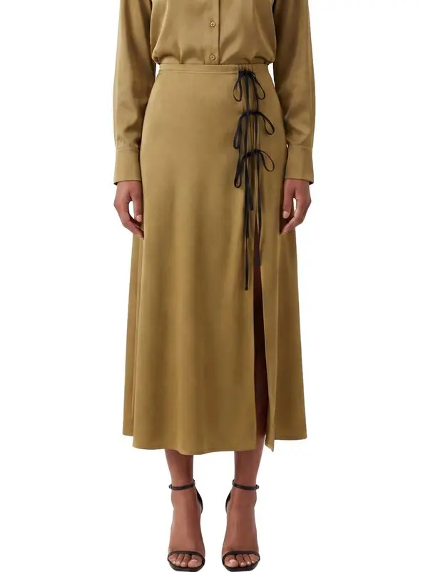 GANNI Embroidered Satin Midi Skirt With Front Slit - Ecru