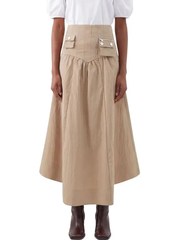 GANNI Asymmetric Cotton-blend Midi Skirt With Patch Pockets - Sand