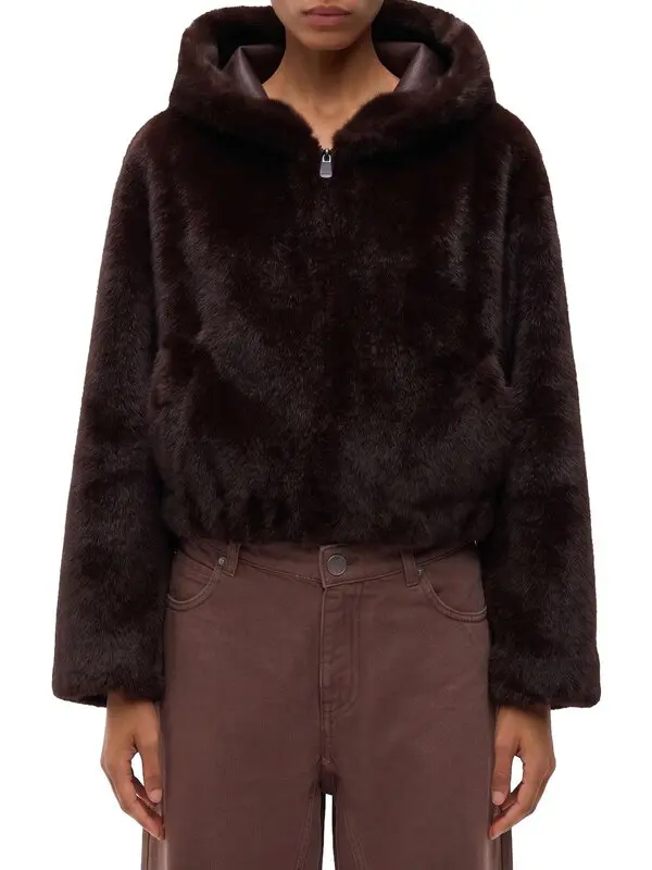 Pinko Short Faux Fur Hooded Jacket - Brown