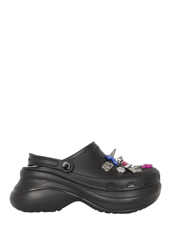 Balenciaga Eva Sabot Mules With Metallic Studs And Monogram Charm - Black