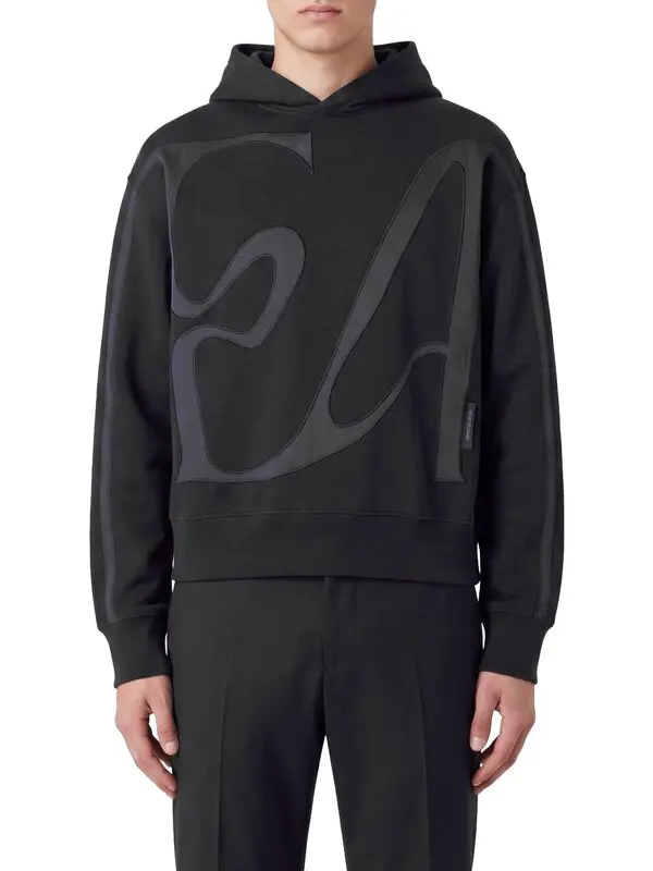 Emporio Armani Monogram Print Cotton Hoodie With A Relaxed Fit - Black