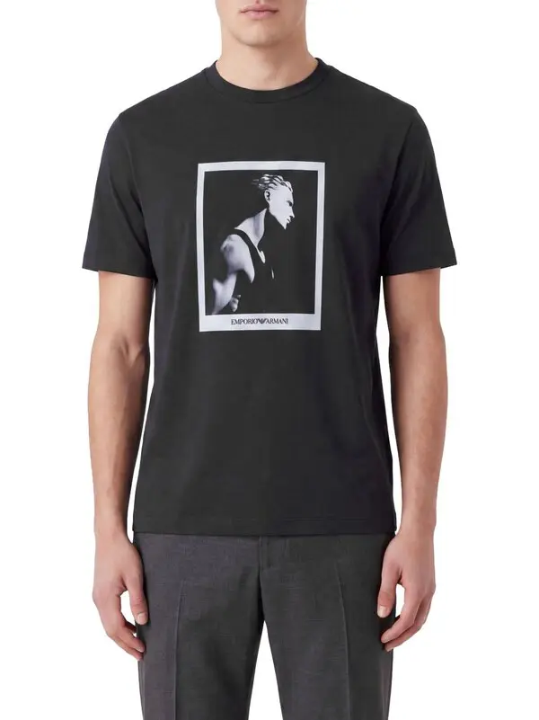 Emporio Armani Graphic Print Cotton Crewneck T-shirt With A Slim Fit - Black