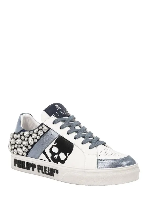 Philipp Plein Skull Print Leather Low-top Sneakers With Crystals - Blue
