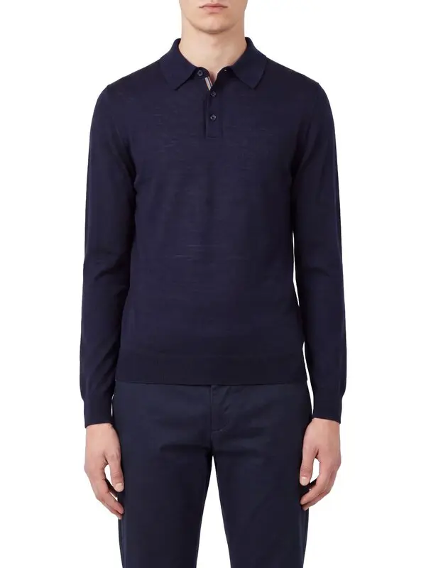 Paul Smith Long-sleeved Slim Fit Merino Wool Knit Polo Shirt - Blue