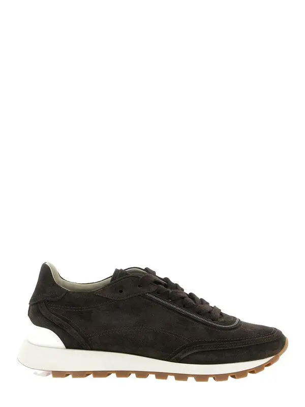 Brunello Cucinelli Suede Calfskin Low-top Sneakers With Monili - Mud