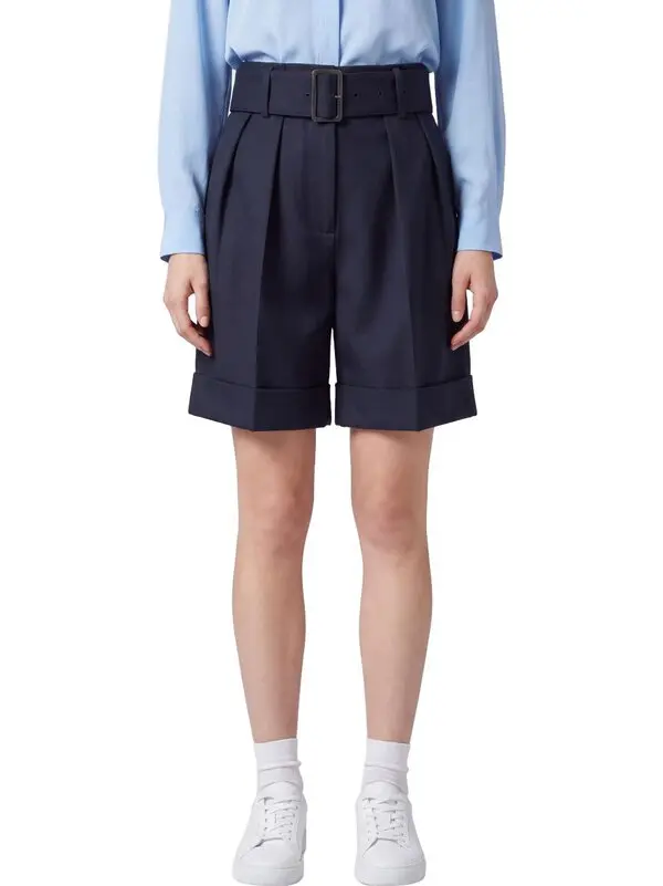 GOLDEN GOOSE High-waisted Tailored Wool Blend Shorts With Pleats And Cuffs - Blue