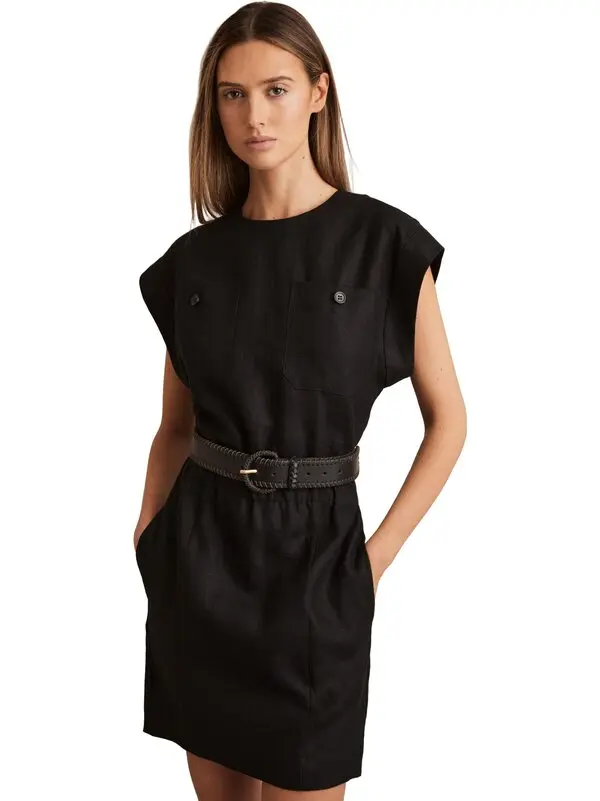 REISS Linen Short Sleeve Mini Dress - Black