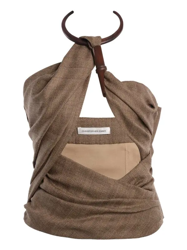 Christopher Esber Draped Wool Herringbone Top - Brown