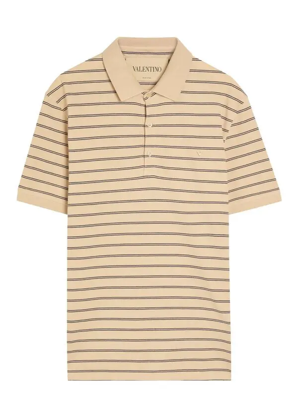 Valentino Garavani Striped Piqué Cotton Polo Shirt - Beige