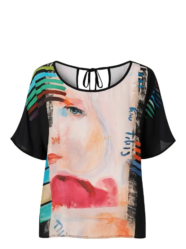 CONQUISTA Artistic Print Chiffon Top — Lightweight, Vibrant & Effortlessly Elegant - Black