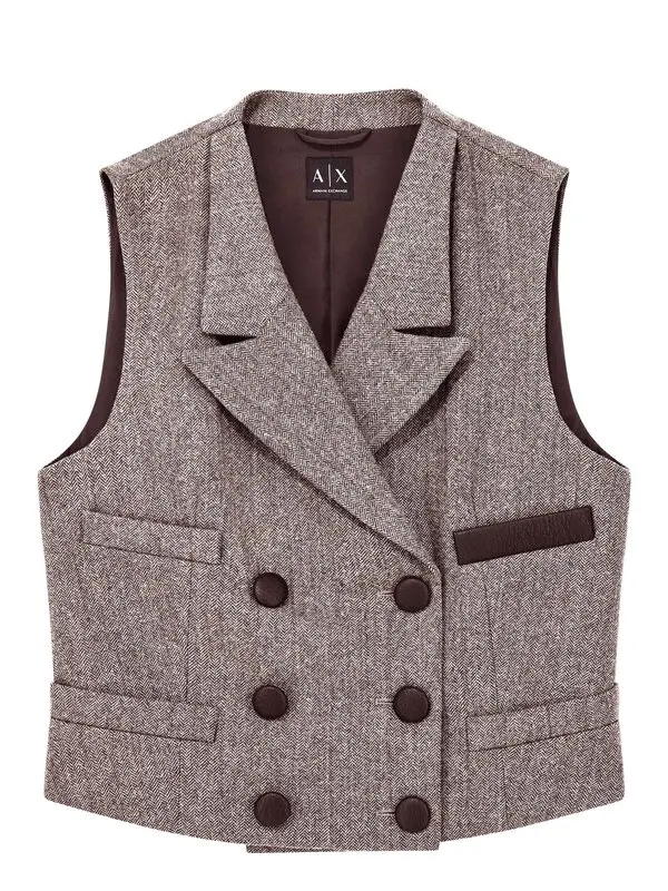 Armani Exchange Double Breasted Waistcoat In Herringbone Virgin Wool And Silk Blend - Brown