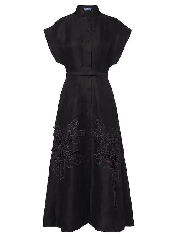 LEO LIN Aubrey Floral-appliqué Linen-blend Midi Dress - Black