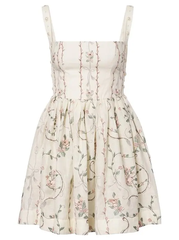 Agua Bendita Mielero Embroidered Floral Linen Minidress - White