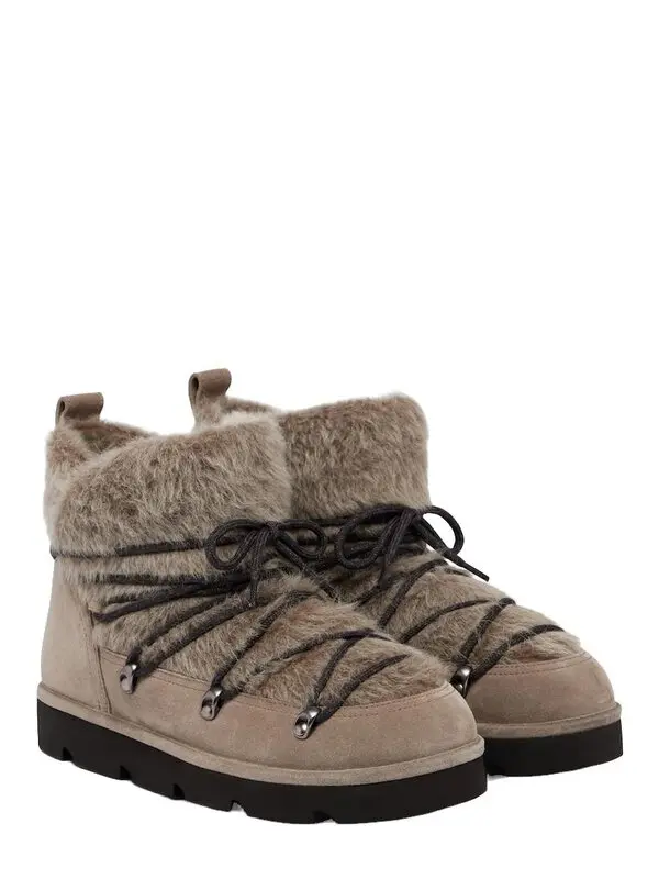 Brunello Cucinelli Monili Shearling And Suede Lace-up Boots - Grey