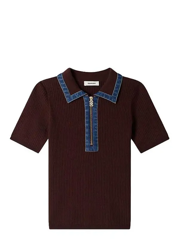 Sandro Contrast-collar Slim-fit Wool-blend Jumper - Brown