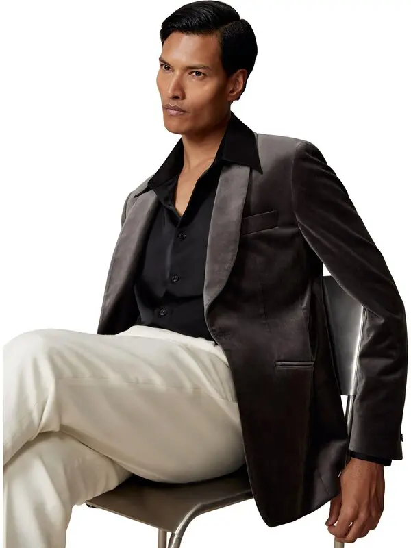 REISS Single-breasted Velvet Blazer Tailored-fit - Grey