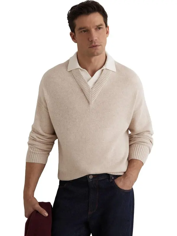 REISS Wool V-neck Contrast-collar Jumper - Oatmeal