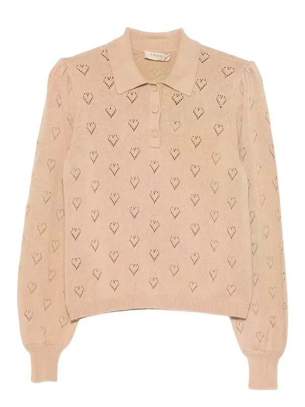 TWINSET Pointelle Knit Polo Shirt - Neutrals
