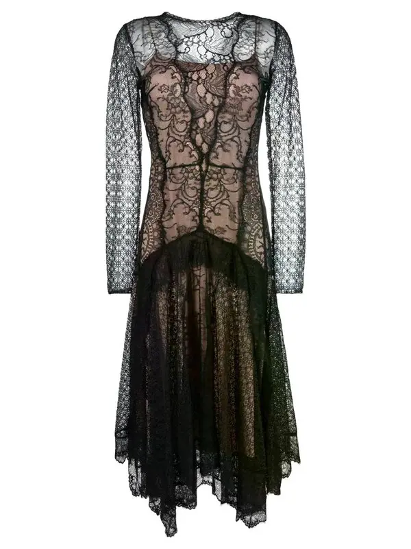 Alberta Ferretti Floral-lace Ruffled Midi Dress - Black