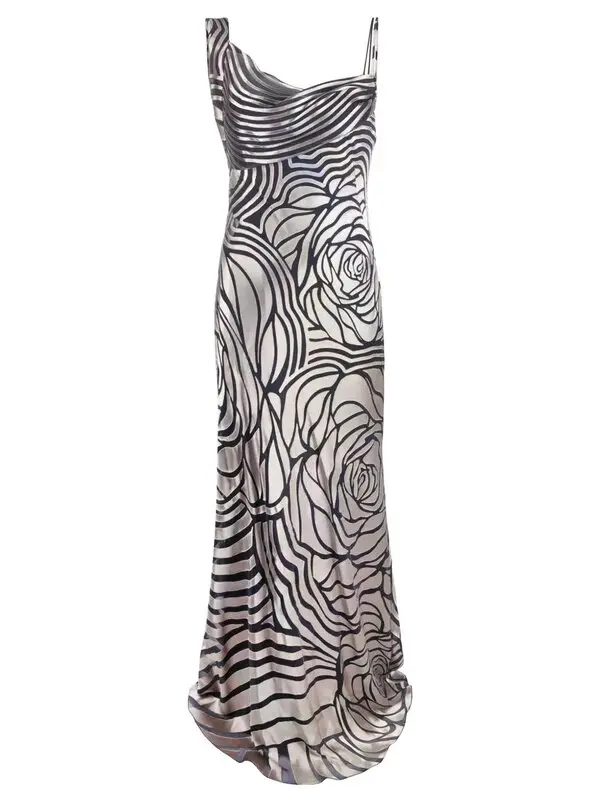 Alberta Ferretti Rose-print Asymmetric Sleeveless Gown - Neutrals