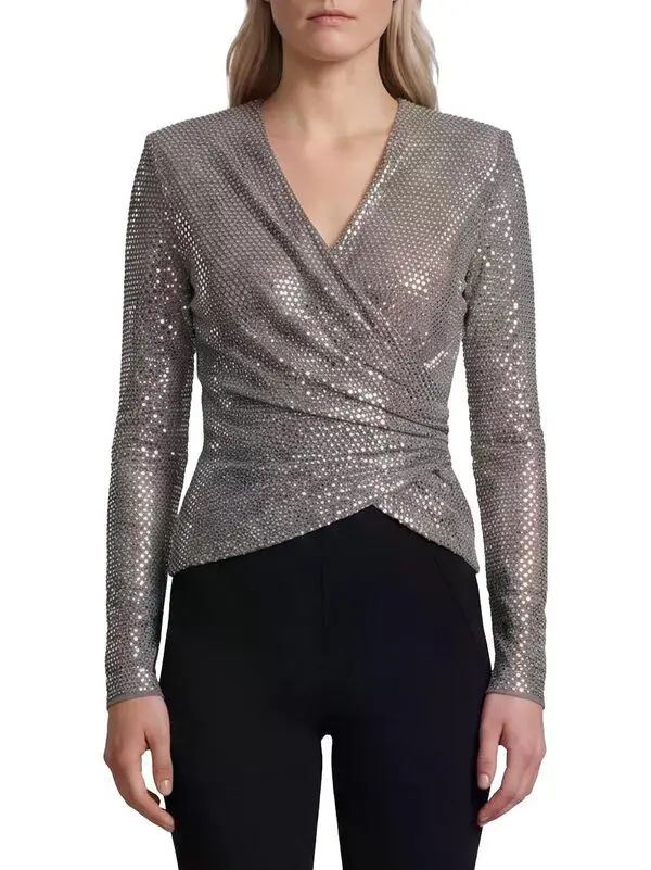 SELF-PORTRAIT Grey Rhinestone Mesh Wrap Top - Silver