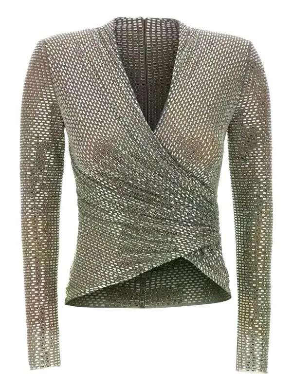 SELF-PORTRAIT Grey Rhinestone Mesh Wrap Top - Silver