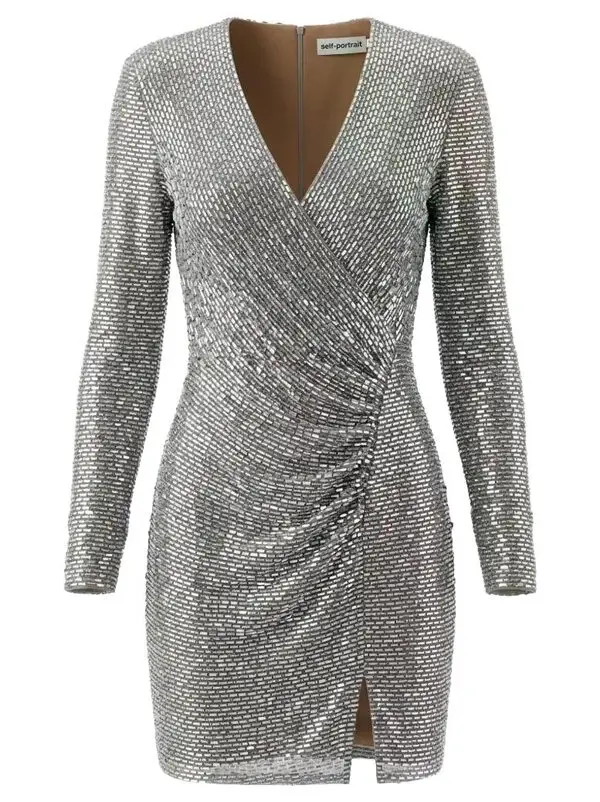 SELF-PORTRAIT Rhinestone Embellished Wrap-style Dress - Silver