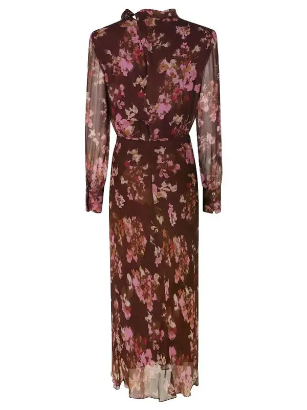 NISSA Floral Printed Viscose Midi Dress With Neck Scarf Detail - Brown