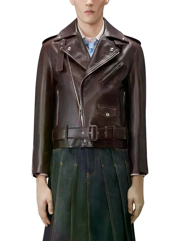Thom Browne Belted Leather Biker Jacket - Brown