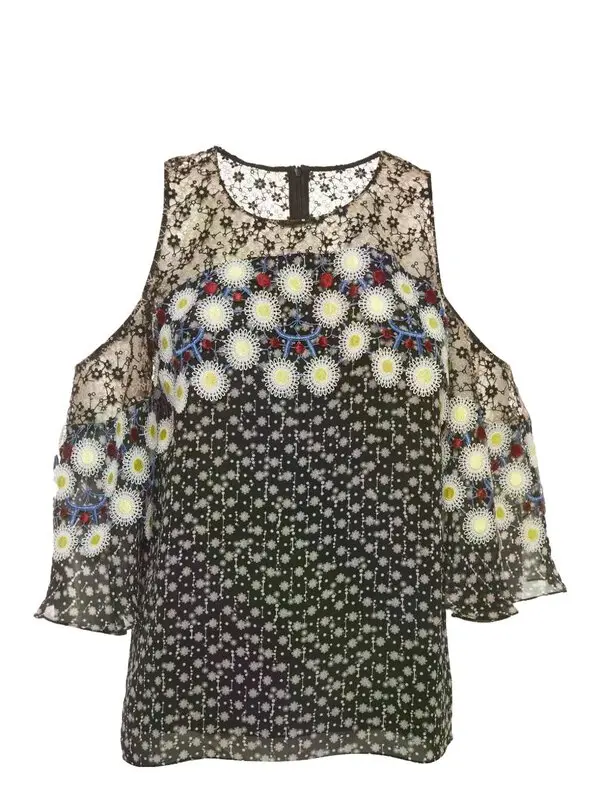 PETER PILOTTO Floral Print Lace Trim Cold-shoulder Top - Black