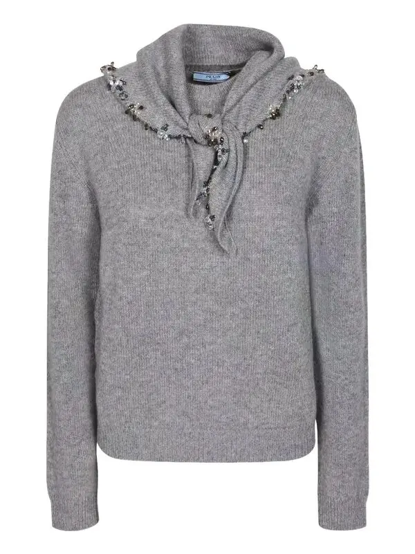 Prada Crystal-embellished Scarf-detail Sweater - Grey
