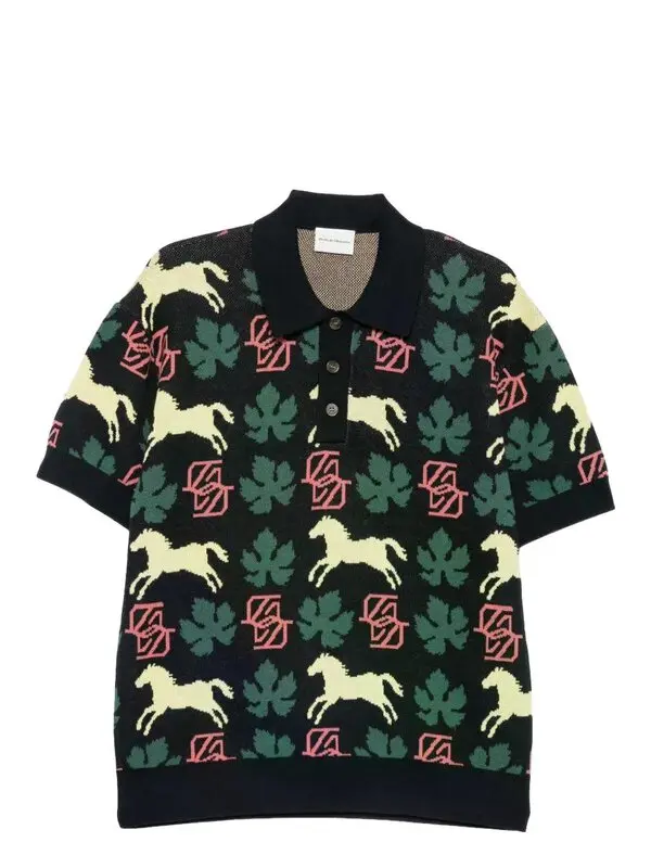 Drole De Monsieur Horse-print Jacquard-knit Polo Shirt - Black